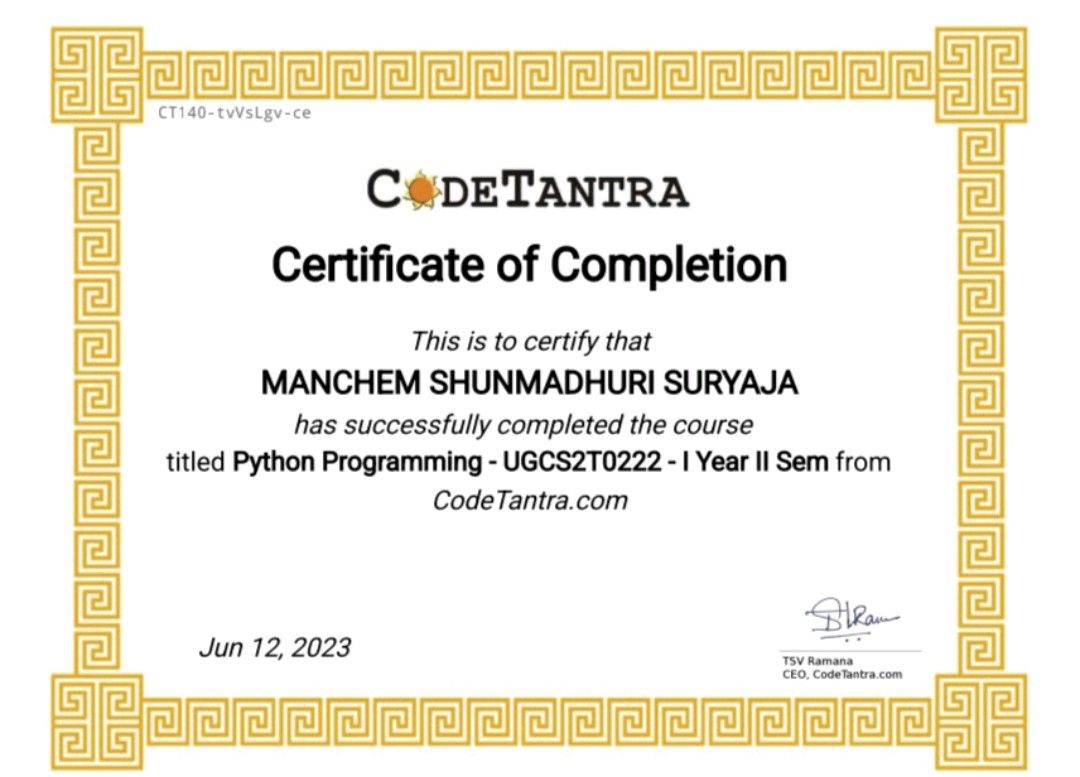 Shunmadhuri Suryaja Manchem on LinkedIn: #pythonprogramming #codetantra Shunmadhuri Suryaja Manchem on LinkedIn: #pythonprogramming #codetantra
