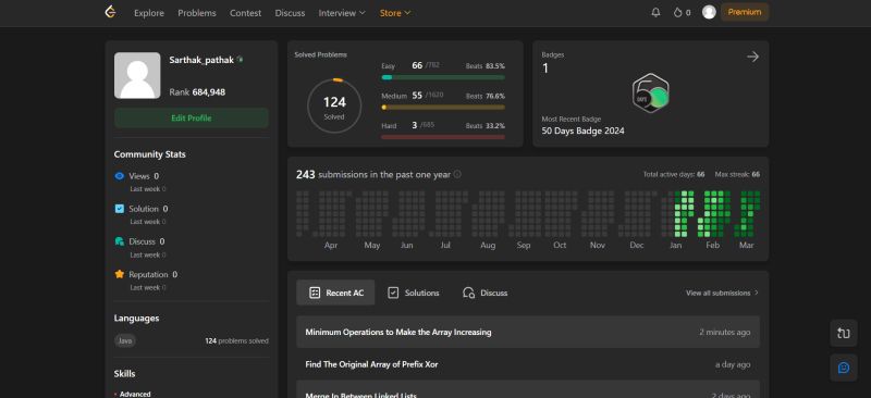 Completed 66 days of LeetCode practice, solved 1 problem today ... Completed 66 days of LeetCode practice, solved 1 problem today ...