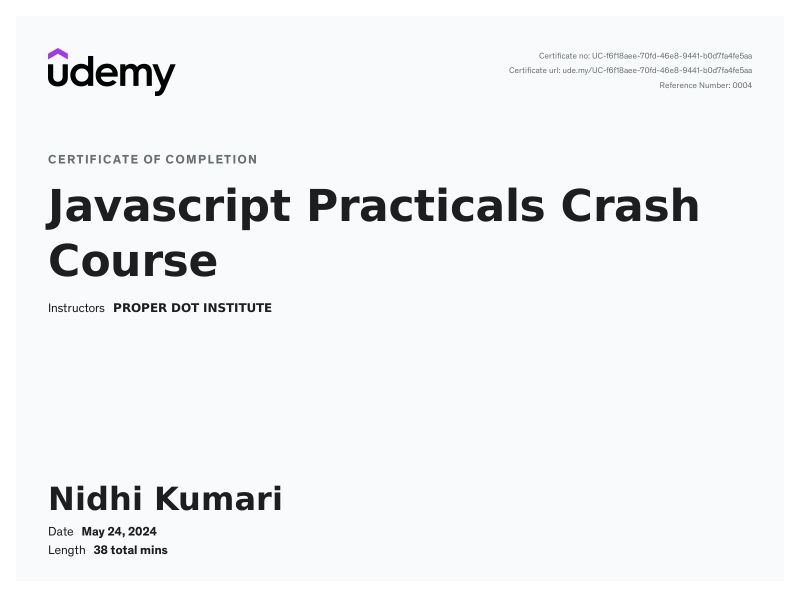 Completed JavaScript course from Udemy | Nidhi Kumari posted on the ... Completed JavaScript course from Udemy | Nidhi Kumari posted on the ...