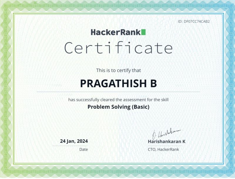 Earned Problem Solving certificate on HackerRank | Pragathish B posted ... Earned Problem Solving certificate on HackerRank | Pragathish B posted ...