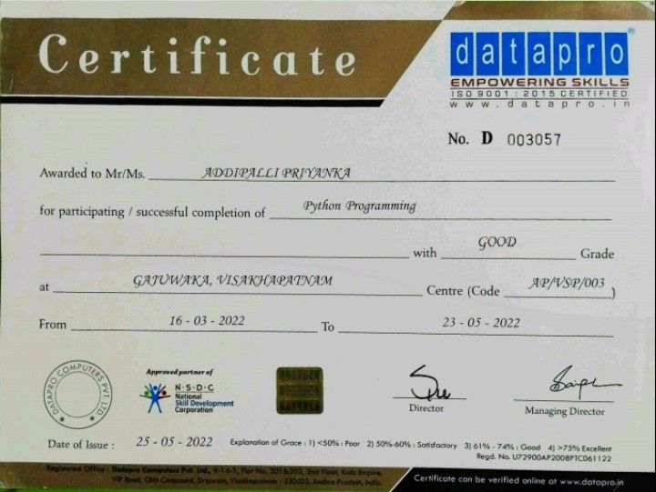 Priyanka Addipalli on LinkedIn: certified by Datapro on Python Programming Priyanka Addipalli on LinkedIn: certified by Datapro on Python Programming