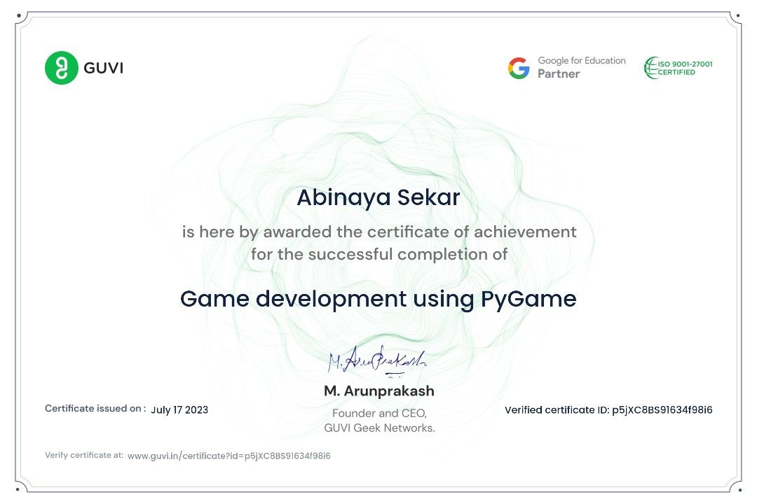 Abinaya Sekar on LinkedIn: #guvi #pygame #python Abinaya Sekar on LinkedIn: #guvi #pygame #python