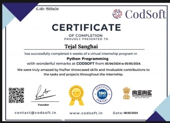 Tejal Sanghai on LinkedIn: #codsoft #phython #internship #cip Tejal Sanghai on LinkedIn: #codsoft #phython #internship #cip