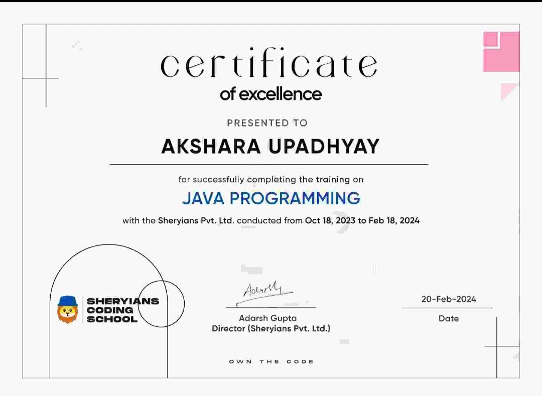 Akshara Upadhyay on LinkedIn: #java #programming #codingjourney #sherry Akshara Upadhyay on LinkedIn: #java #programming #codingjourney #sherry