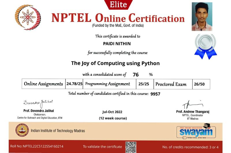 NITHIN PAIDI on LinkedIn: #python #nptel #certificate NITHIN PAIDI on LinkedIn: #python #nptel #certificate