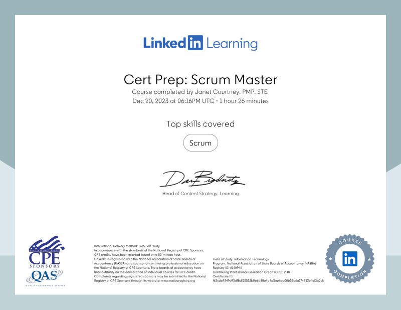 Janet Courtney, PMP, STE on LinkedIn: Certificate of Completion Janet Courtney, PMP, STE on LinkedIn: Certificate of Completion