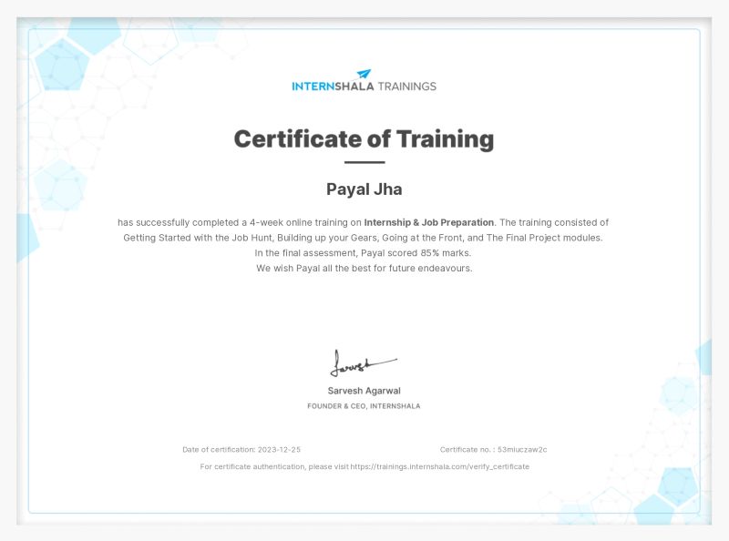 Payal jha on LinkedIn: #internshala #internshalatrainings Payal jha on LinkedIn: #internshala #internshalatrainings