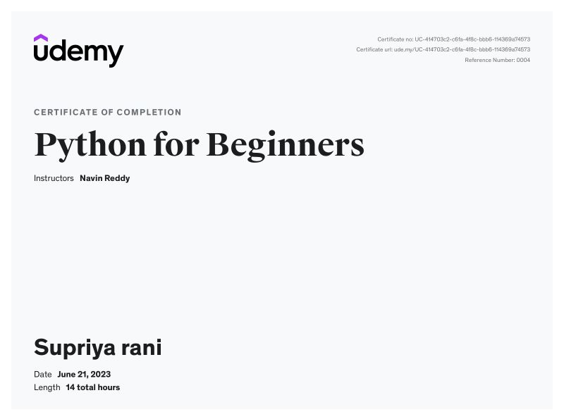 Supriya Rani on LinkedIn: #udemy #keeplearning #pythonlearning #python Supriya Rani on LinkedIn: #udemy #keeplearning #pythonlearning #python