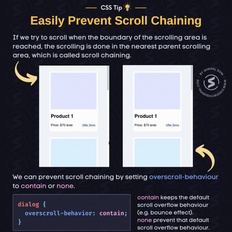 Shripal Soni on LinkedIn: CSS Tip 💡 Easily prevent scroll chaining and ... Shripal Soni on LinkedIn: CSS Tip 💡 Easily prevent scroll chaining and ...