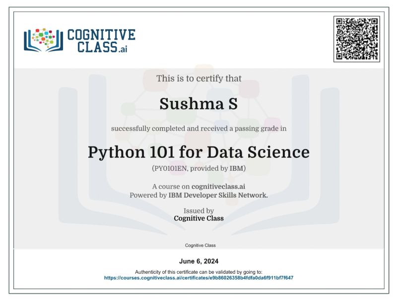 Sushma S on LinkedIn: #python #datascience #ibm #cognitiveclass Sushma S on LinkedIn: #python #datascience #ibm #cognitiveclass