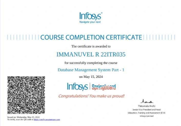 Immanuvel R on LinkedIn: 🎓 Certified in Database Management Systems!🎓 I ... Immanuvel R on LinkedIn: 🎓 Certified in Database Management Systems!🎓 I ...