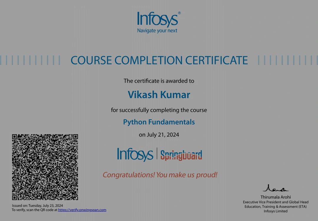 Vikash Kumar on LinkedIn: #infosys #springboard #python Vikash Kumar on LinkedIn: #infosys #springboard #python