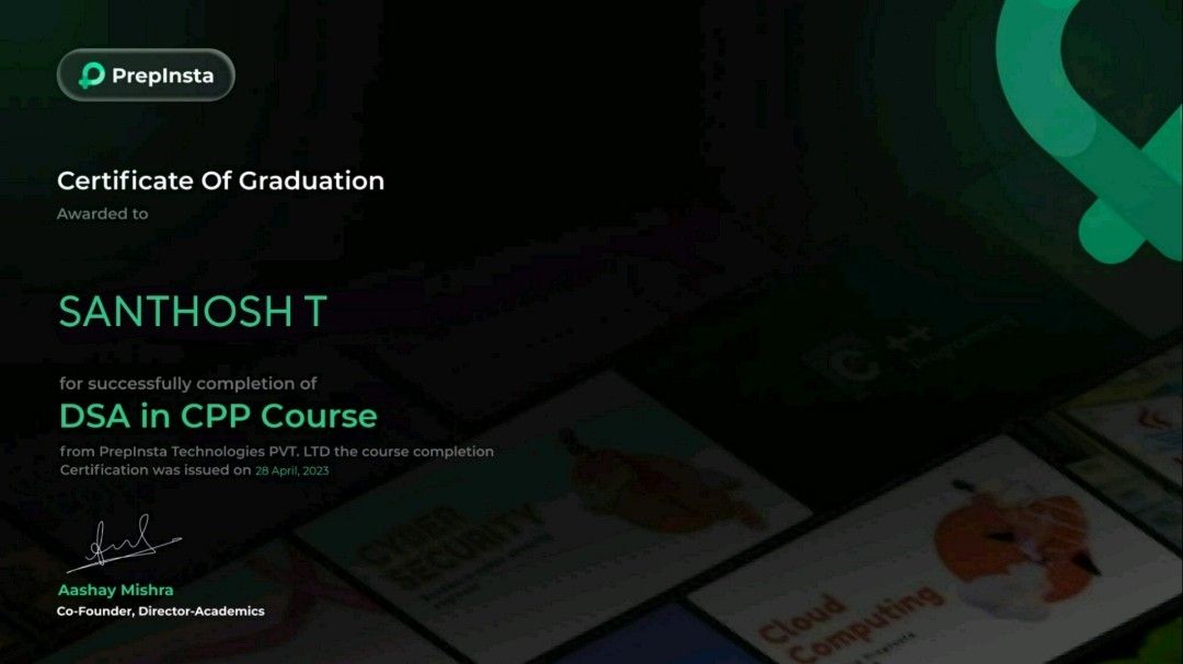 Santhosh .T on LinkedIn: prepinsta course complete in DSA in CPP course Santhosh .T on LinkedIn: prepinsta course complete in DSA in CPP course