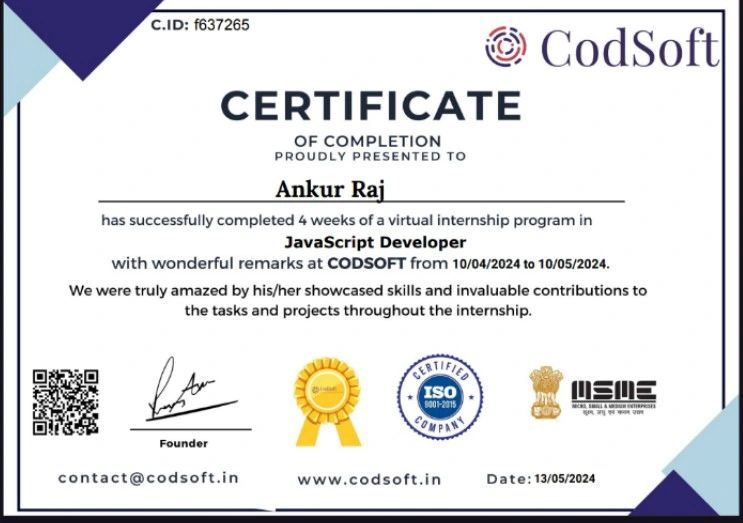 Ankur Raj on LinkedIn: #codsoft #javascript #internship #jsdeveloper Ankur Raj on LinkedIn: #codsoft #javascript #internship #jsdeveloper