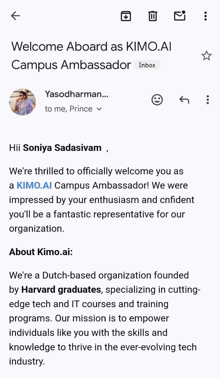 Soniya Sadasivam on LinkedIn: #campusambassador #kimoai # ... Soniya Sadasivam on LinkedIn: #campusambassador #kimoai # ...