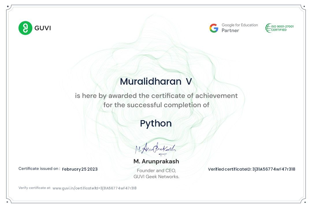 Muralidharan V on LinkedIn: #python #guvi #certification #learning #coding Muralidharan V on LinkedIn: #python #guvi #certification #learning #coding