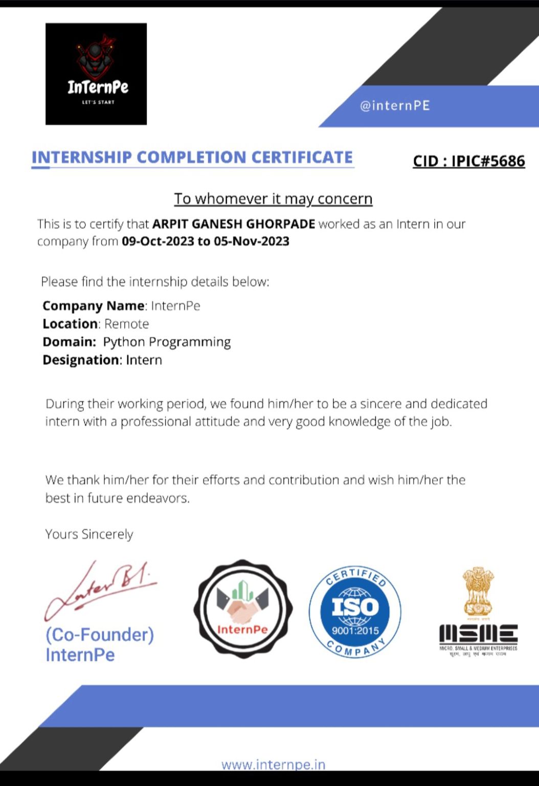 Arpit Ghorpade on LinkedIn: #python #intern #techskills #careergrowth Arpit Ghorpade on LinkedIn: #python #intern #techskills #careergrowth