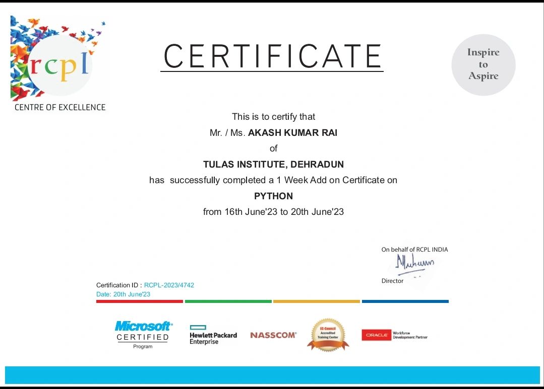Akash kumar Rai on LinkedIn: #python #certifacate Akash kumar Rai on LinkedIn: #python #certifacate