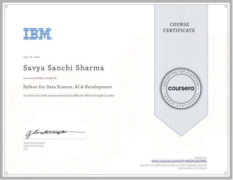 Completed Python for Data Science course by IBM | Savya Sanchi Sharma ... Completed Python for Data Science course by IBM | Savya Sanchi Sharma ...