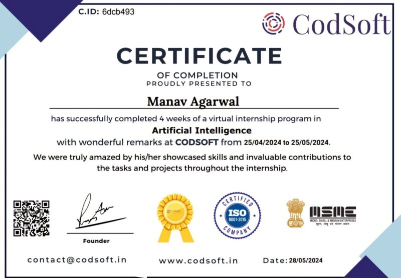 Manav Agarwal on LinkedIn: #codsoft #internship #ai Manav Agarwal on LinkedIn: #codsoft #internship #ai