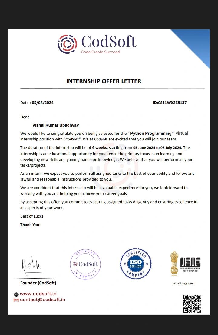 Vishal Upadhyay on LinkedIn: #python #internship Vishal Upadhyay on LinkedIn: #python #internship