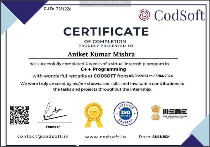 Aniket Kumar Mishra on LinkedIn: #cplusplus #internship #certification ... Aniket Kumar Mishra on LinkedIn: #cplusplus #internship #certification ...
