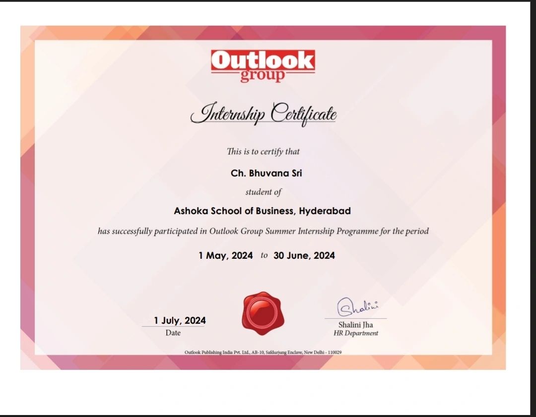 Bhuvana Sree on LinkedIn: #internship #grateful #outlookmagazine Bhuvana Sree on LinkedIn: #internship #grateful #outlookmagazine