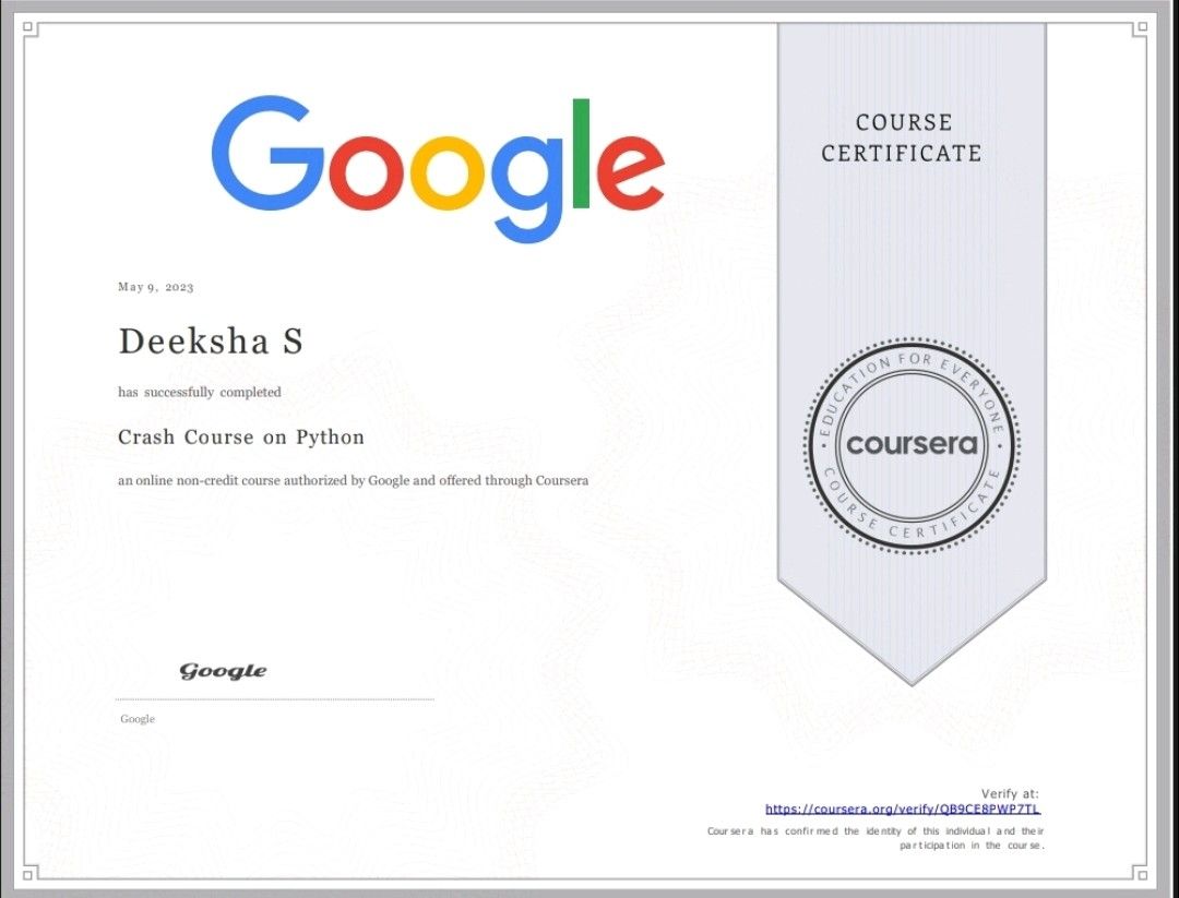 DEEKSHA S on LinkedIn: #google #python #pythonprogramming #coursera # ... DEEKSHA S on LinkedIn: #google #python #pythonprogramming #coursera # ...
