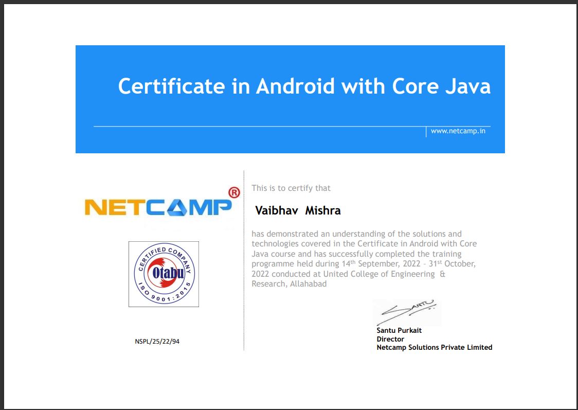 Vaibhav Mishra on LinkedIn: #androiddev #java #certification #collegelife Vaibhav Mishra on LinkedIn: #androiddev #java #certification #collegelife