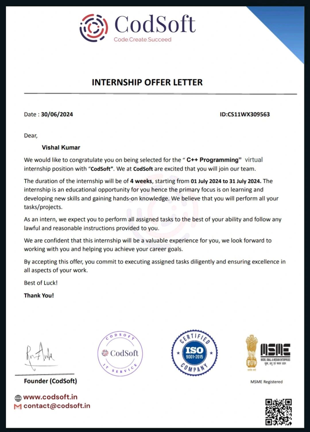 Vishal Kumar on LinkedIn: #internship #codesoft #c Vishal Kumar on LinkedIn: #internship #codesoft #c