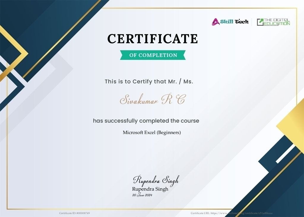 Siva kumar R C on LinkedIn: Certificate in Microsoft Excel (Beginner ... Siva kumar R C on LinkedIn: Certificate in Microsoft Excel (Beginner ...