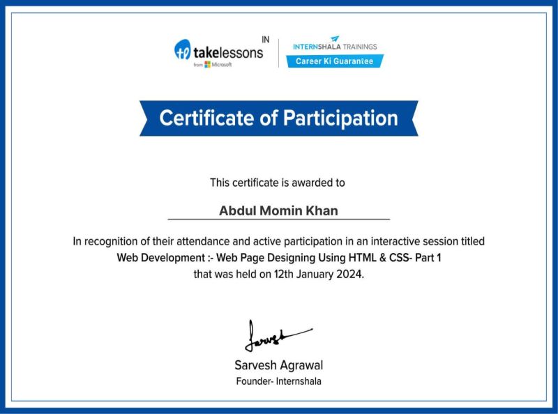 😁 Certificate of participation from Internshala on HTML and CSS part -1 ... 😁 Certificate of participation from Internshala on HTML and CSS part -1 ...