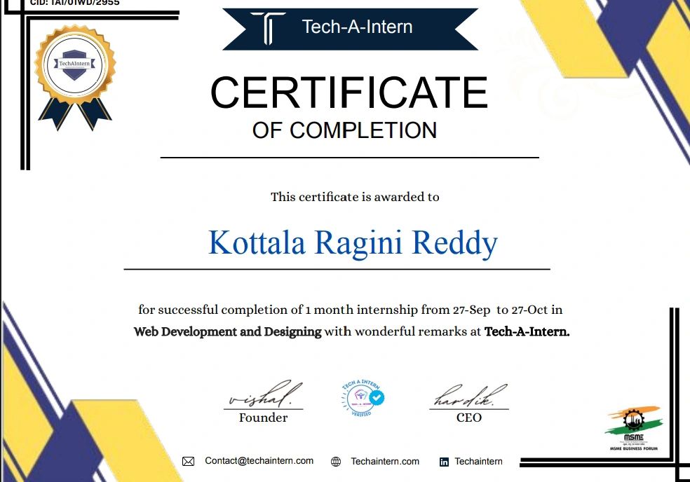 Ragini Reddy on LinkedIn: #internshipcompletion #completioncertificate Ragini Reddy on LinkedIn: #internshipcompletion #completioncertificate