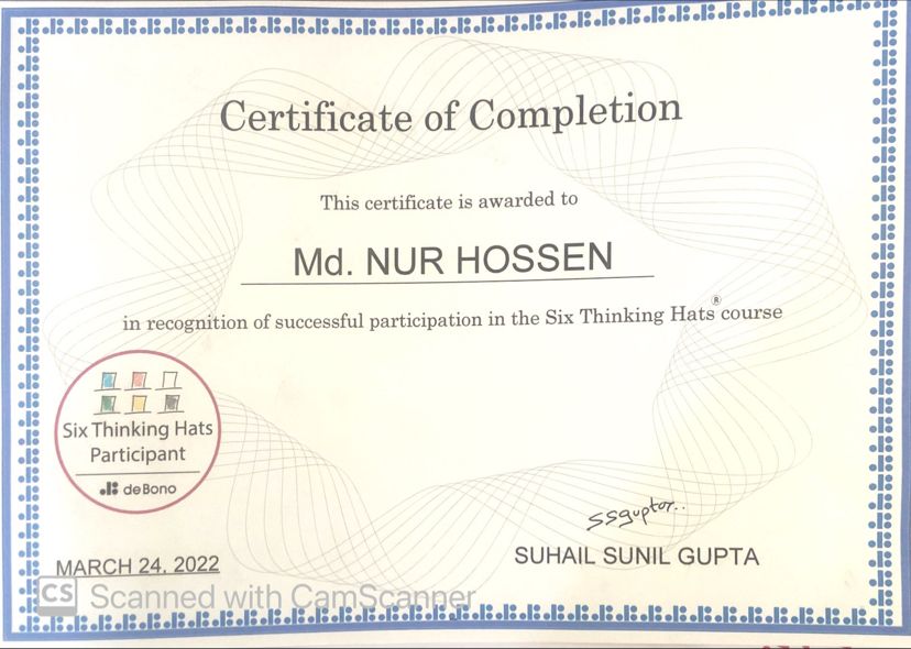 Md. Nur Hossen on LinkedIn: Certificate of Completion: Six Thinking ... Md. Nur Hossen on LinkedIn: Certificate of Completion: Six Thinking ...