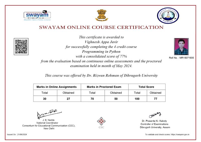 Vighnesh Javir on LinkedIn: #programming #python #nptel #elite # ... Vighnesh Javir on LinkedIn: #programming #python #nptel #elite # ...