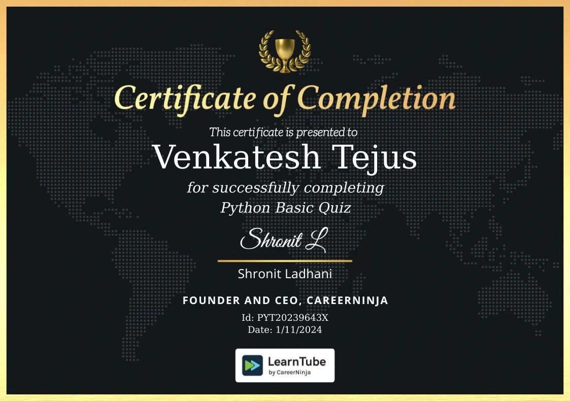 TEJUS VENKATESH on LinkedIn: #python #codingmilestone #achievementunlocked TEJUS VENKATESH on LinkedIn: #python #codingmilestone #achievementunlocked