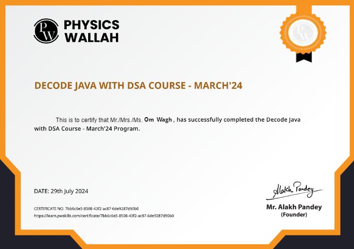 Om Wagh on LinkedIn: #java #datastructures #algorithms #certification # ... Om Wagh on LinkedIn: #java #datastructures #algorithms #certification # ...