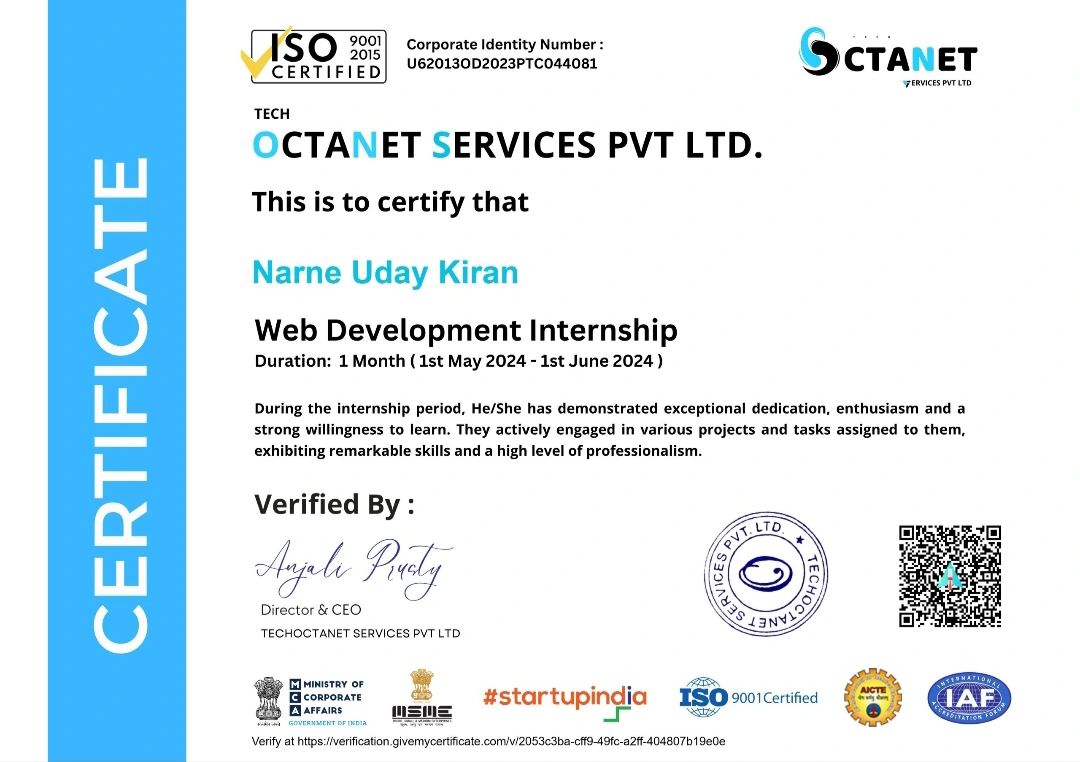 Uday Kiran Narne on LinkedIn: #webdevelopment #internship #octanet # ... Uday Kiran Narne on LinkedIn: #webdevelopment #internship #octanet # ...
