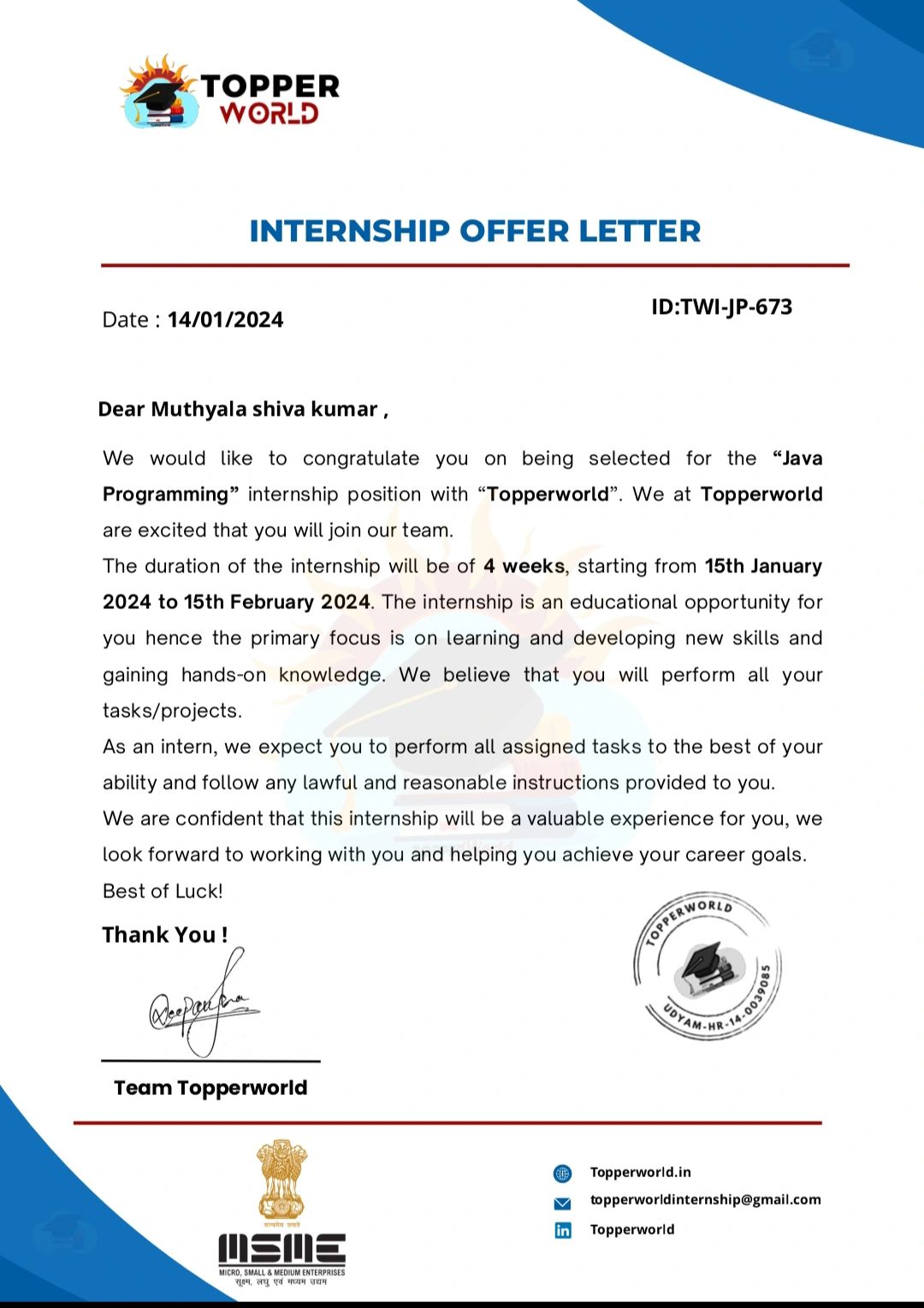 Shiva Kumar on LinkedIn: #topperworldinternship #topperworld # ... Shiva Kumar on LinkedIn: #topperworldinternship #topperworld # ...