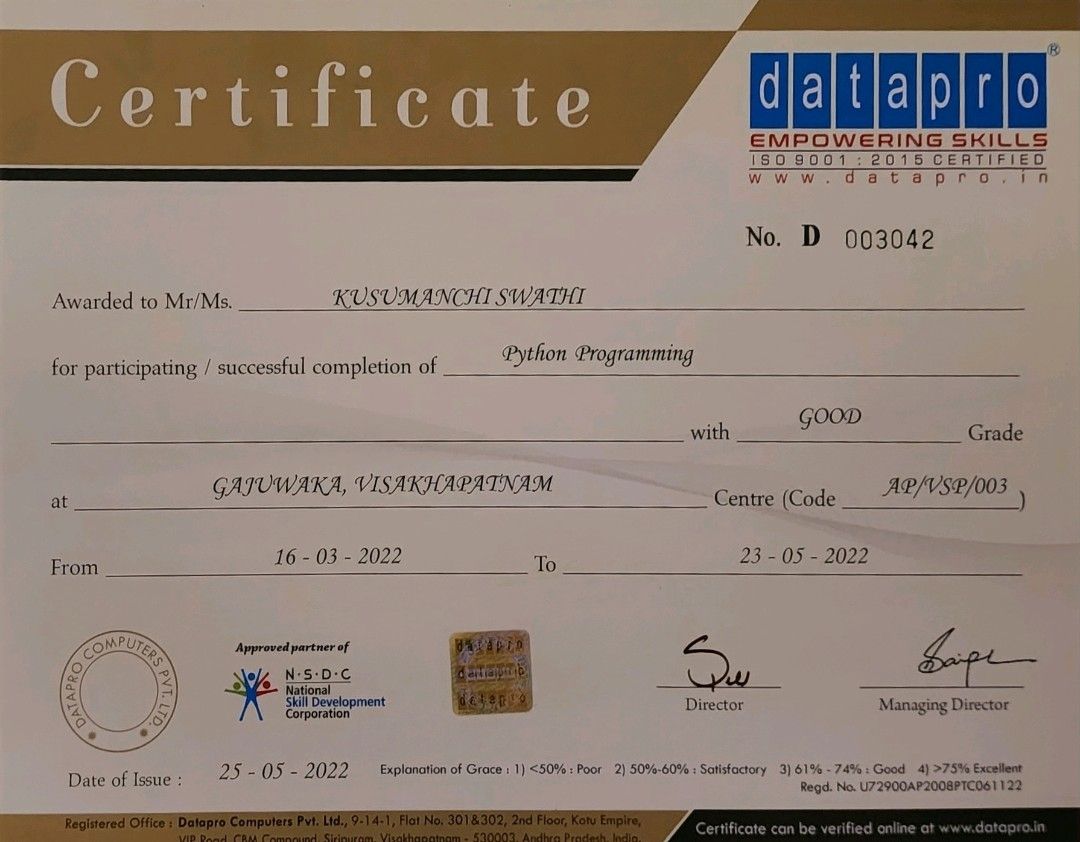 Swathi Kusumanchi on LinkedIn: successfully completed python ... Swathi Kusumanchi on LinkedIn: successfully completed python ...