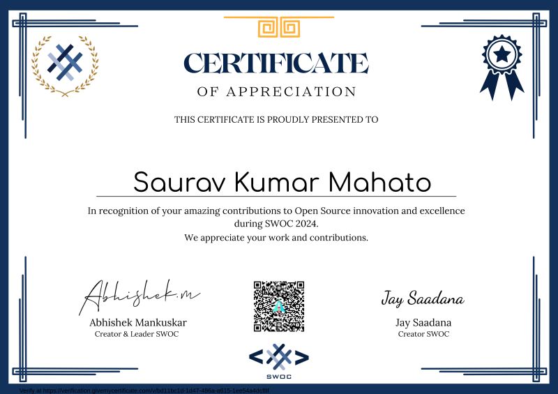Saurav Kr. Mahato on LinkedIn: #swoc24 #opensource Saurav Kr. Mahato on LinkedIn: #swoc24 #opensource