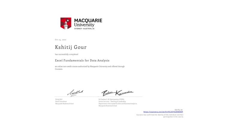 Kshitij Gour on LinkedIn: Completion Certificate for Excel Fundamentals ... Kshitij Gour on LinkedIn: Completion Certificate for Excel Fundamentals ...