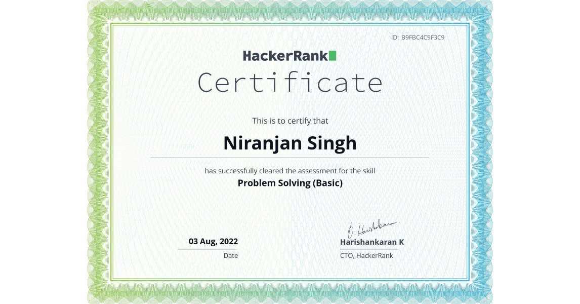 Niranjan Singh on LinkedIn: HackerRank Skill Certificate Niranjan Singh on LinkedIn: HackerRank Skill Certificate