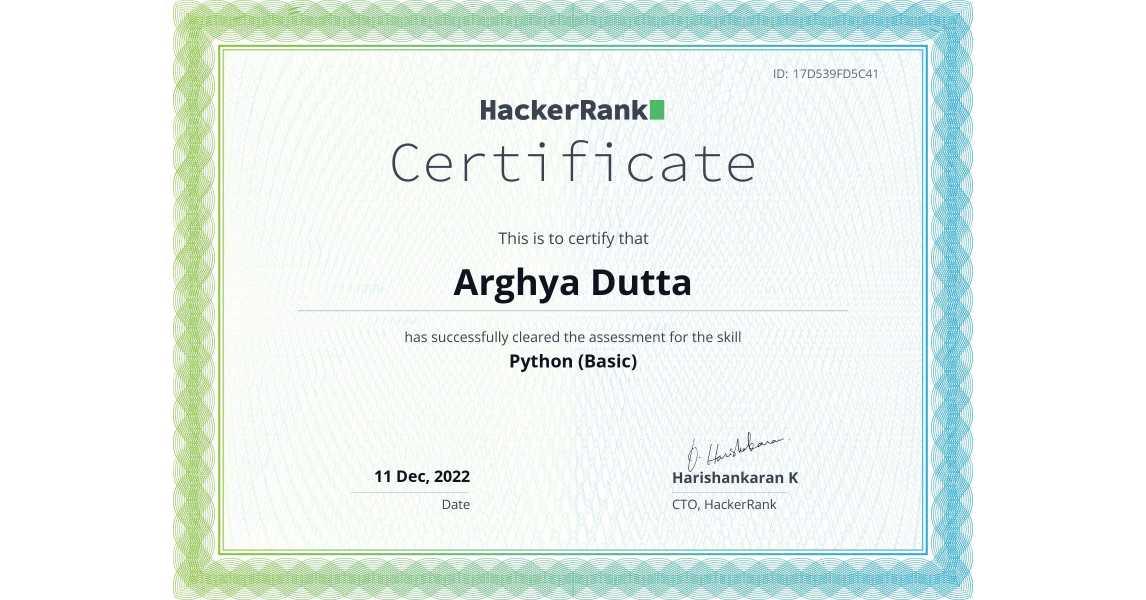 Arghya Dutta on LinkedIn: HackerRank Skill Certificate Arghya Dutta on LinkedIn: HackerRank Skill Certificate