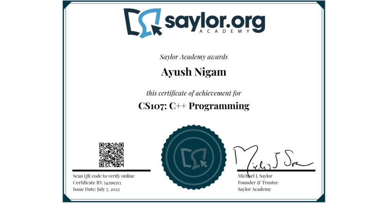 Ayush Nigam on LinkedIn: CS107: C++ Programming • Ayush Nigam • Saylor ... Ayush Nigam on LinkedIn: CS107: C++ Programming • Ayush Nigam • Saylor ...