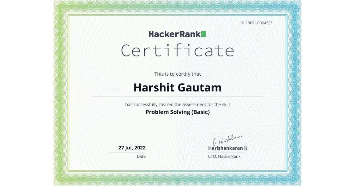 Harshit Kumar Gautam on LinkedIn: HackerRank Skill Certificate Harshit Kumar Gautam on LinkedIn: HackerRank Skill Certificate