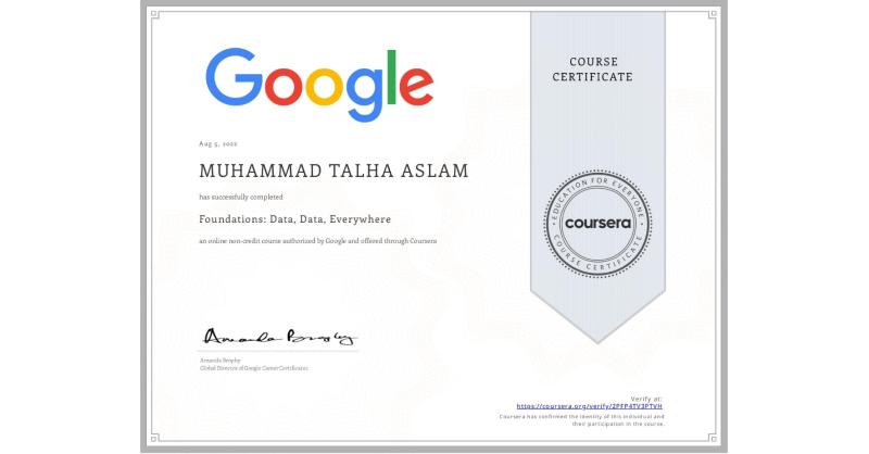 Talha Aslam on LinkedIn: Completion Certificate for Foundations: Data ... Talha Aslam on LinkedIn: Completion Certificate for Foundations: Data ...