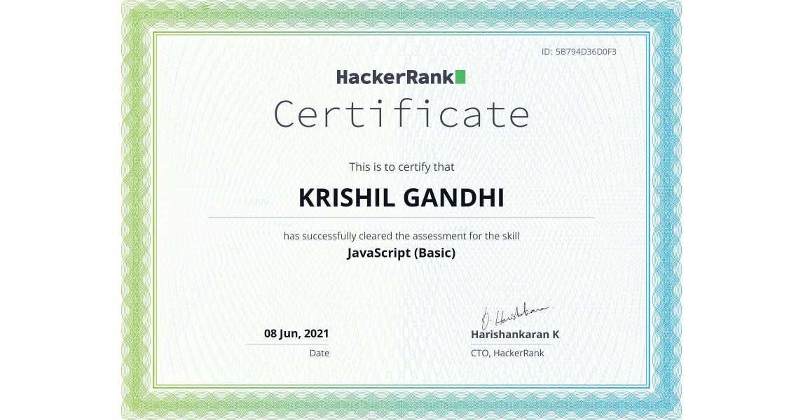 Krishil Gandhi on LinkedIn: #hackerrank #javascript #certificate Krishil Gandhi on LinkedIn: #hackerrank #javascript #certificate