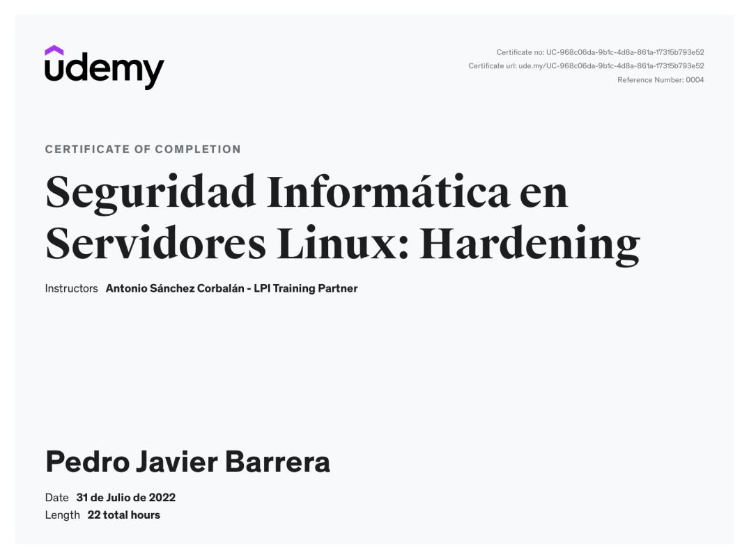Pedro Javier Barrera Cruz on LinkedIn: Udemy Course Completion Certificate Pedro Javier Barrera Cruz on LinkedIn: Udemy Course Completion Certificate