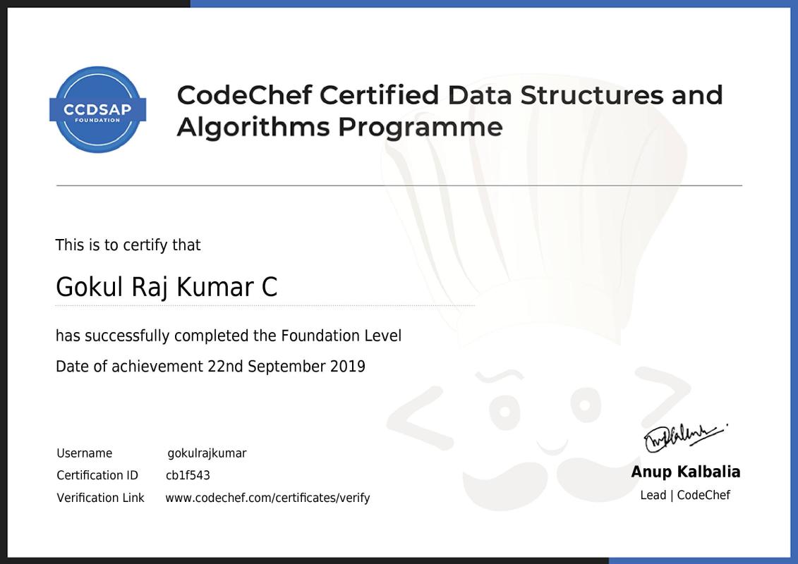 Gokul Raj Kumar C on LinkedIn: CodeChef certifies Gokul Raj Kumar C Gokul Raj Kumar C on LinkedIn: CodeChef certifies Gokul Raj Kumar C
